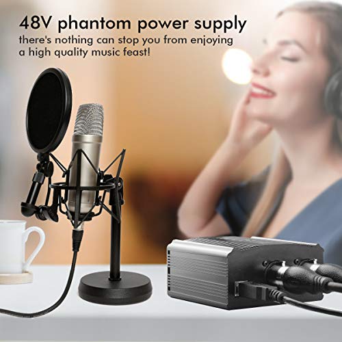 Phantom Power Supply, NUOSIYA 2-Channel 48V Phantom Power Supply, Stable Power Supply, Improved Shielding Technology, Anti-Noise for Any Condenser Microphone Music Recording Equipment