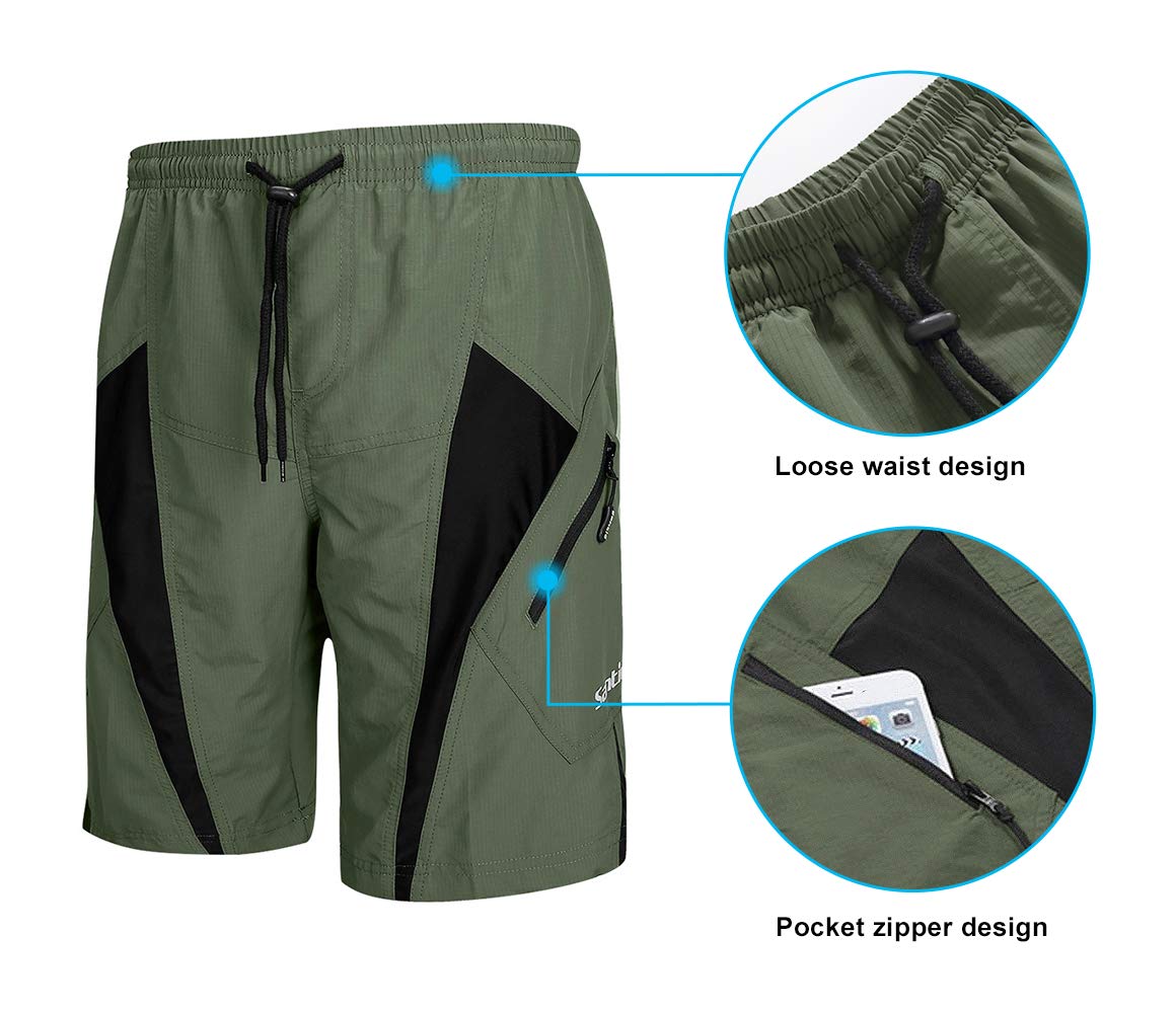 Santic Men's Bike Shorts Padded Bicycle Cycling MTB Shorts Loose-Fit 4D Padding Olive Green