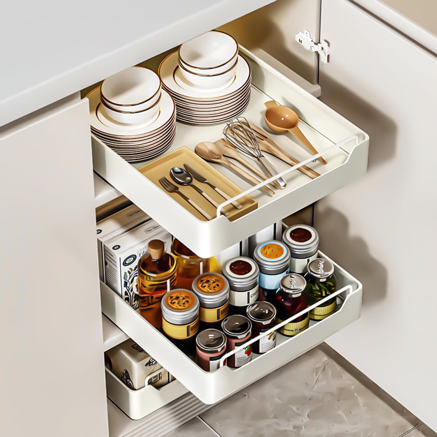 Pull Out Cabinet Organizer Fixed With Adhesive Nano Film, Sliding Pantry Shelves and Heavy Duty Storage Sliding Drawer Pantry Shelf for Kitchen,Living Room,Home, 12.2" W x16.9 D x 2.75" H