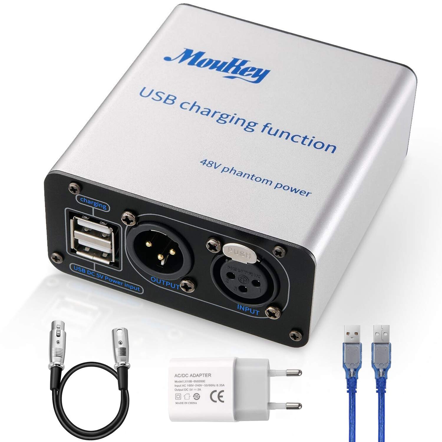 Phantom Power Supply,Moukey 1-Channel 48V with Adapter New USB Charging Capability, 10 Feet XLR Cable and Adapter for Any Condenser Microphone Music Recording Device-New Version