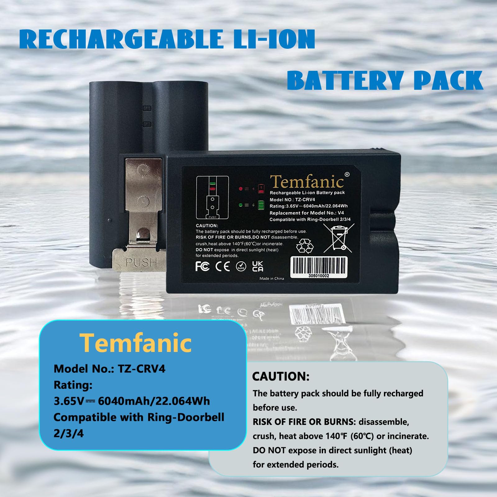 Temfanic Rechargeable Lithium-Ion Ring V4 Battery Compatible with Ring Video Doorbell 4/3/2 Stick Up Cam Battery (2nd and 3rd Gen) 3.65V 6040mAh high Capacity 1-Pack