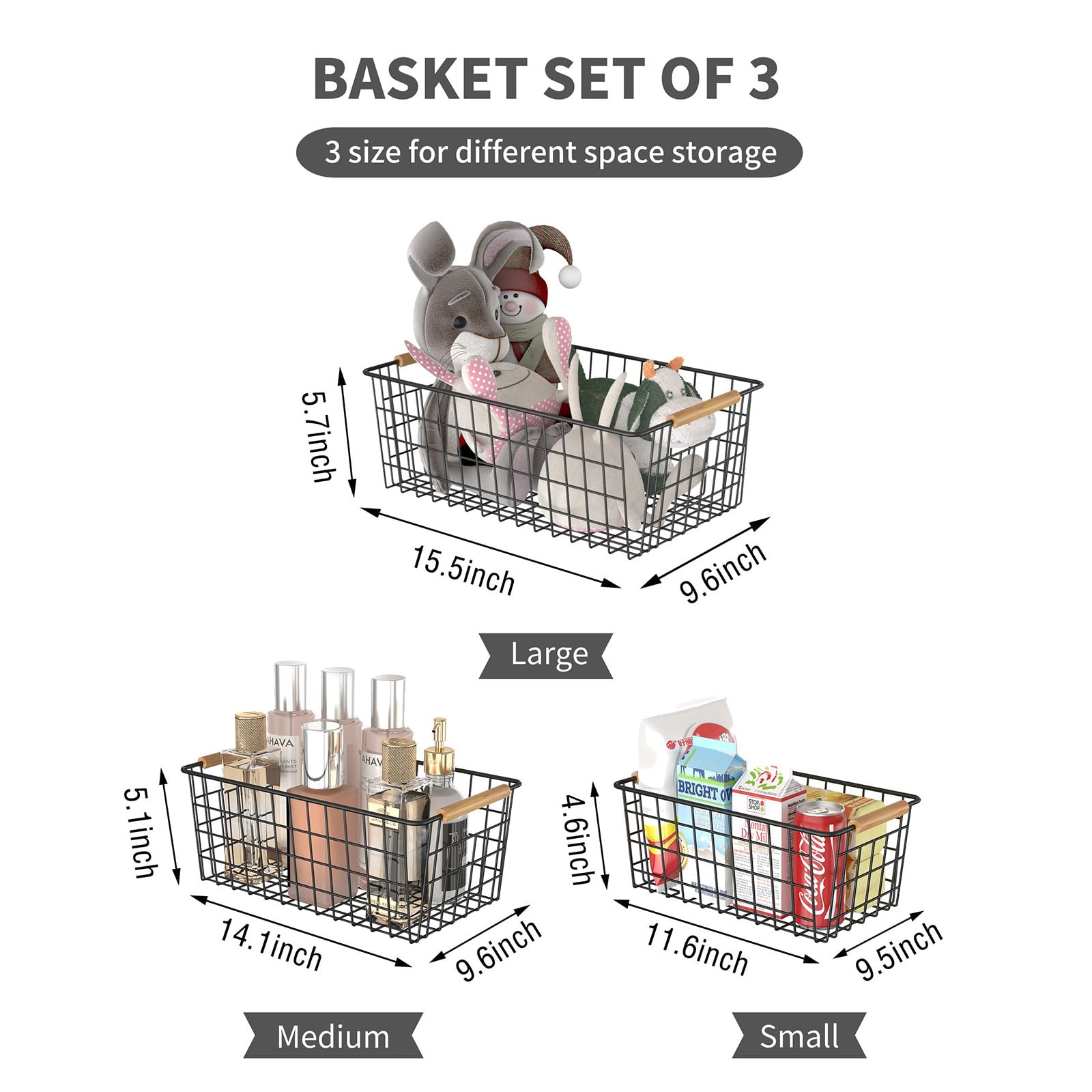 YOUVIP Wire Storage Baskets with Wooden Handles, 3 Pack Metal Organizer Baskets for Kitchen, Pantry, Freezer, Laundry,Farmhouse,Bathroom Baskets for Organizing,Black (1 Small, 1 Medium, 1 Large)