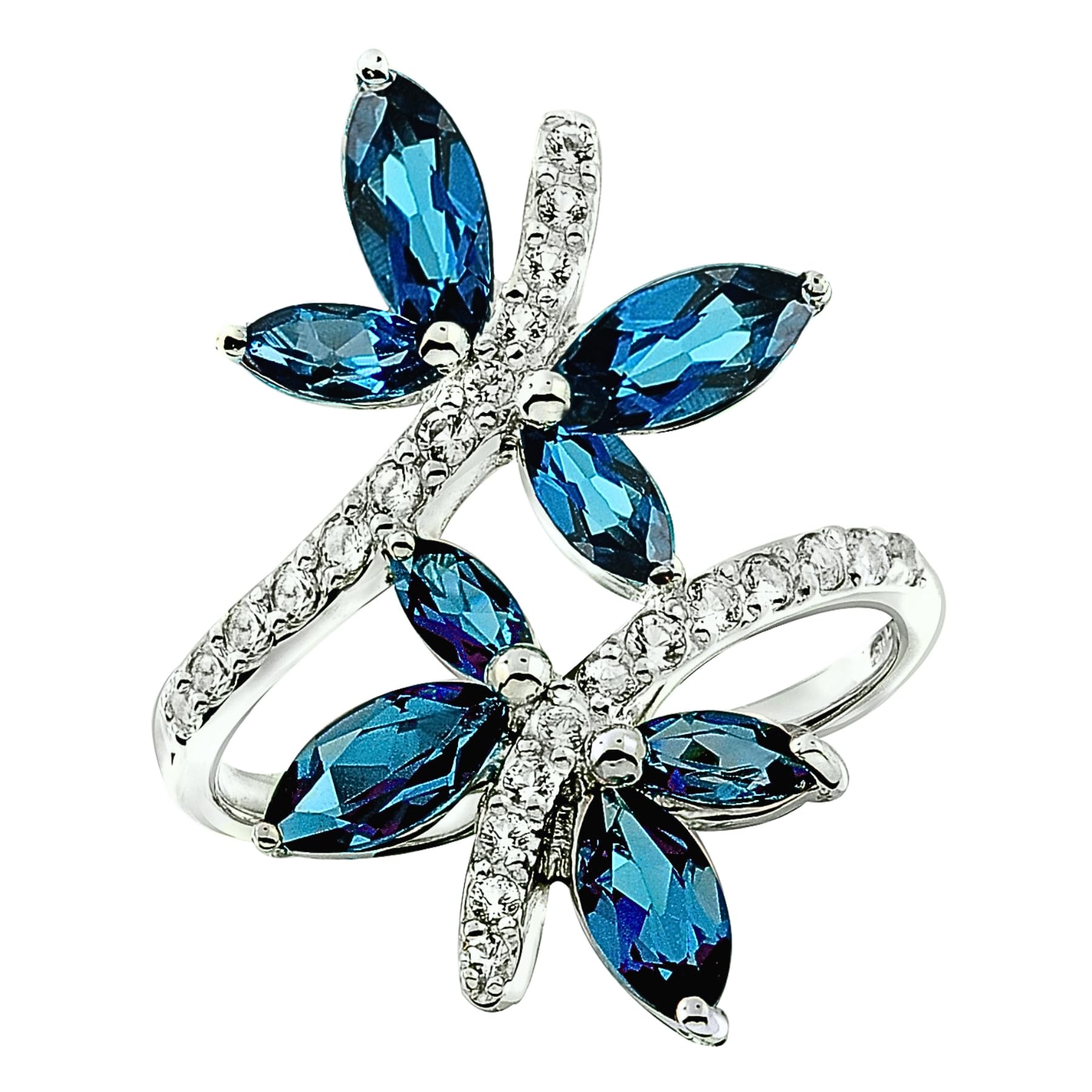RB Gems Sterling Silver 925 Statement Ring GENUINE GEMSTONE DRAGONFLY Design with Rhodium-Plated Finish (Blue, 7)