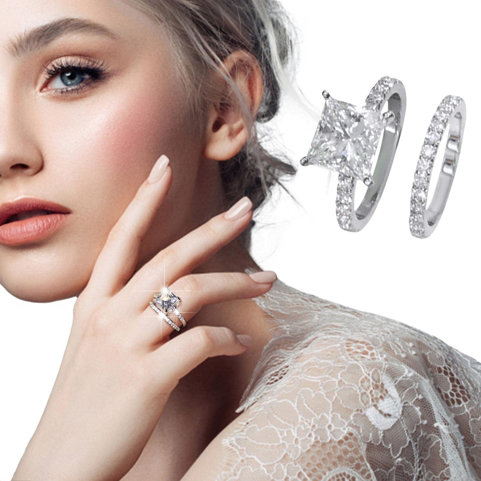 XIAOMEIO Rings for Women,Gifts for Women,Square Bridal Rhinestone Engagement Ring Full Diamond Zirconia Solitaire Ring