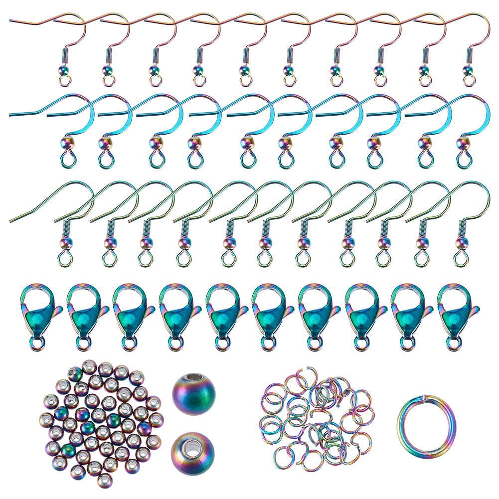 PH PandaHall 120pcs Rainbow Color Earring Making Kit 3 Sizes Fish Hook Ear Wire with Loop 304 Stainless Steel French Earring Hooks Lobster Claw Clasps Jump Rings Spacer Beads for Jewelry Making