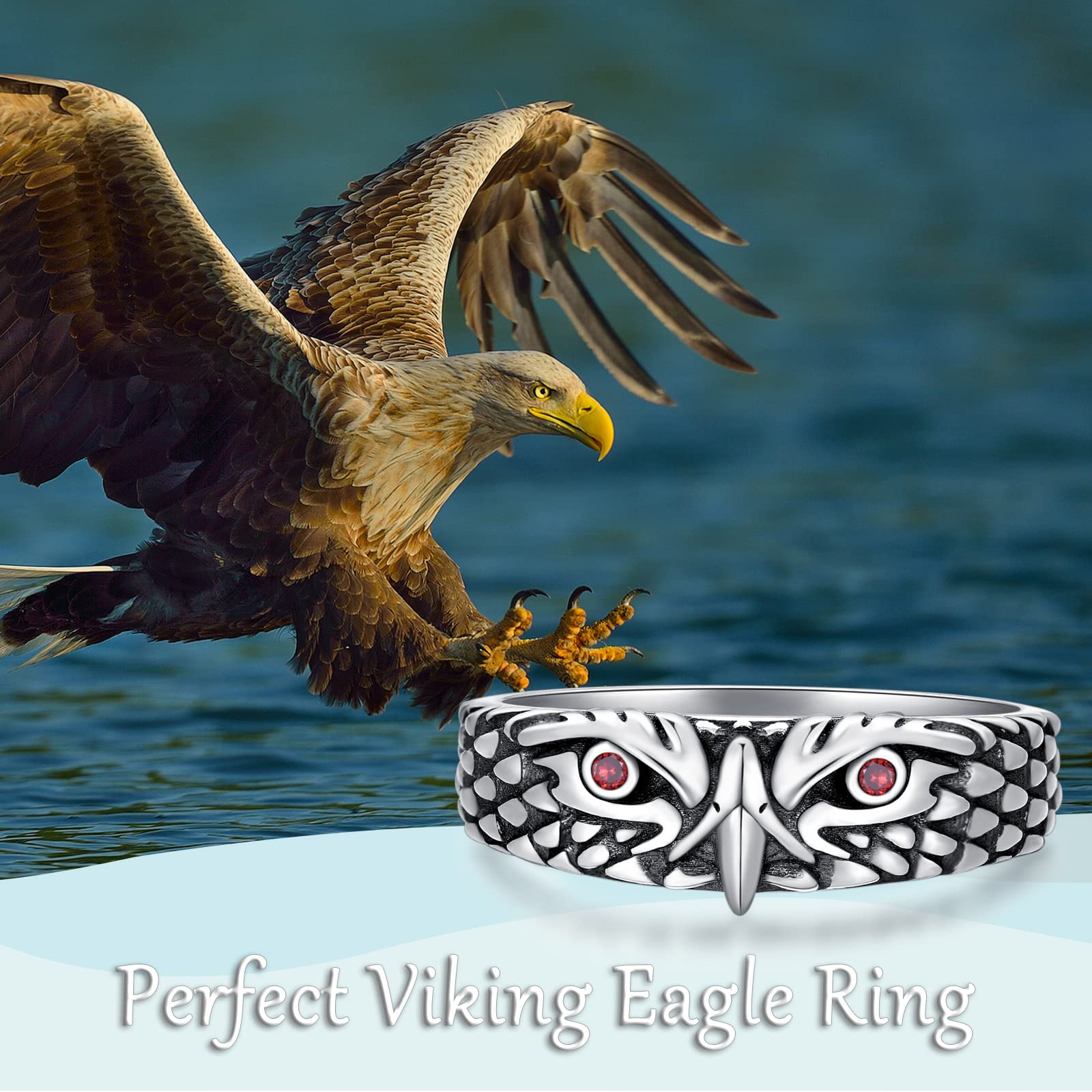 Viking Owl Ring 925 Sterling Silver Hawk Eye Ring Oxidized with Red Zircons Vintage Norse Jewelry Gift for Women Men