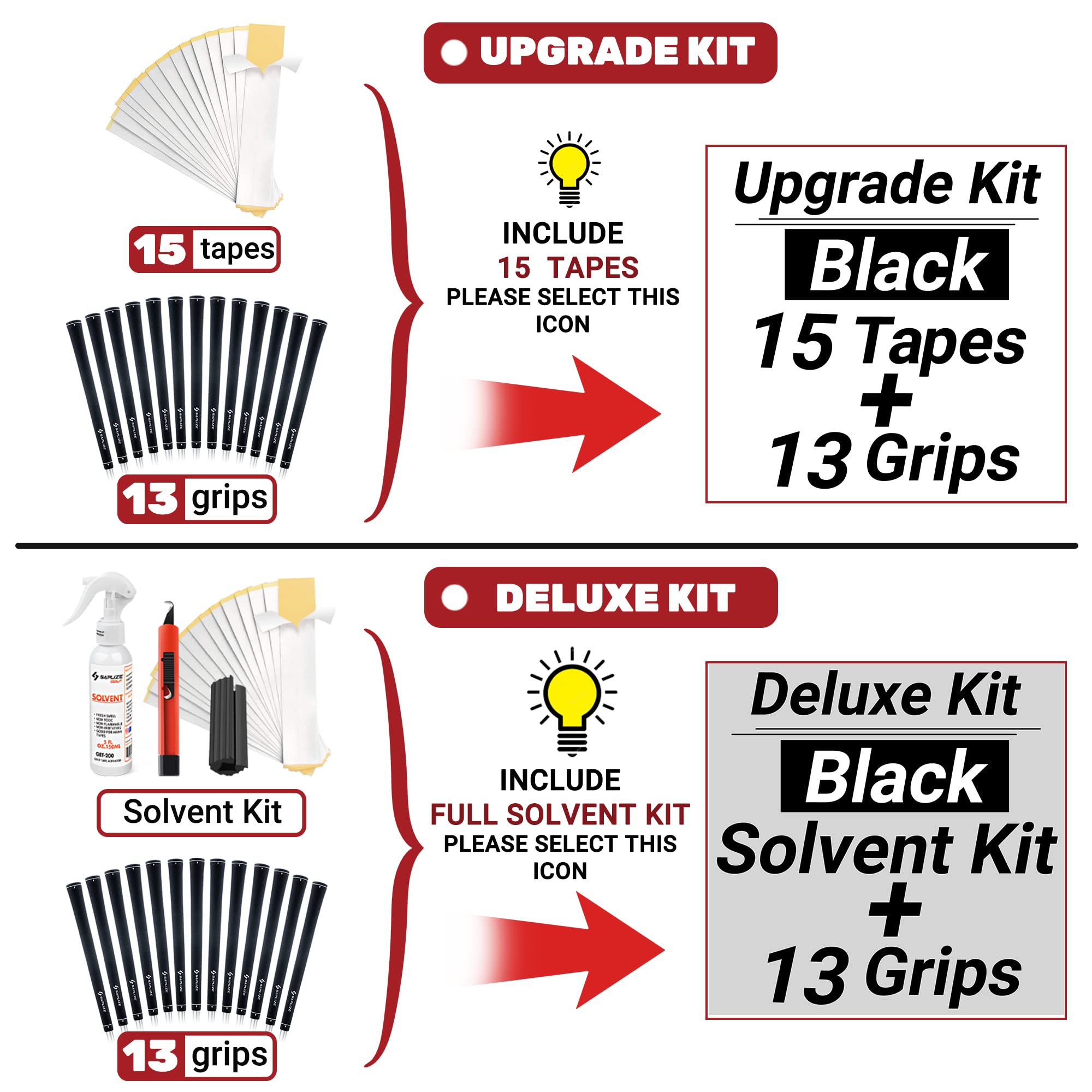SAPLIZE Rubber Golf Grips, 13 Set with Complete Regripping Kit, Standard Size, Golf Club Grips, Black