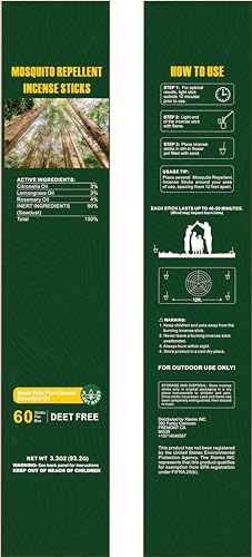 RibRave 60 pcs Mosquito Repellent Sticks, Citronella Bug Repellent Outdoor, DEET Free Plant-Based Mosquito Repellent Outdoor Patio Incense Sticks for 50 Mins