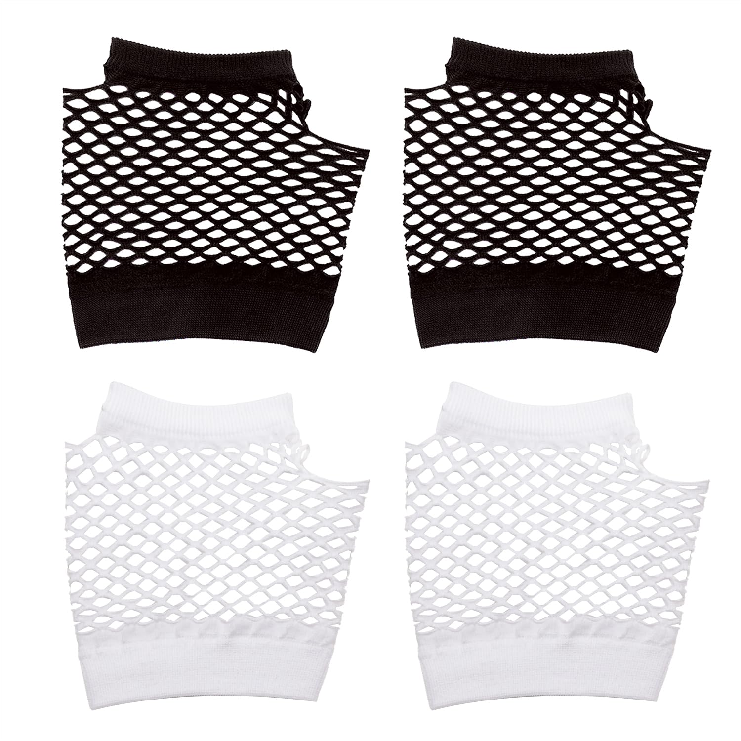 PENTA ANGEL 2 Pairs Fishnet Fingerless Gloves for Women Girls Halloween Cosplay (Short, Black, White)