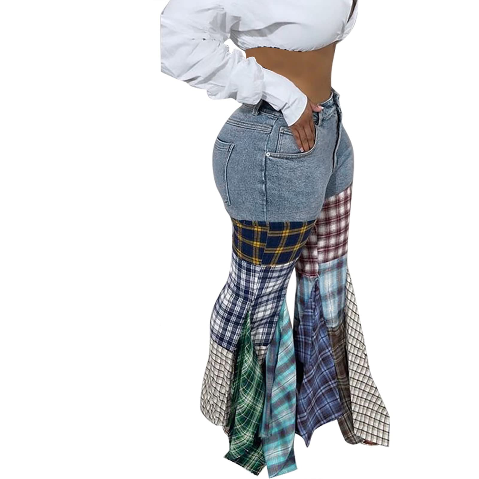 Women Patchwork Flared Jeans Trendy Plaid Splicing Bell Bottom Denim Pants Stylish High Wasit Cowboy Wide Leg Trousers Blue