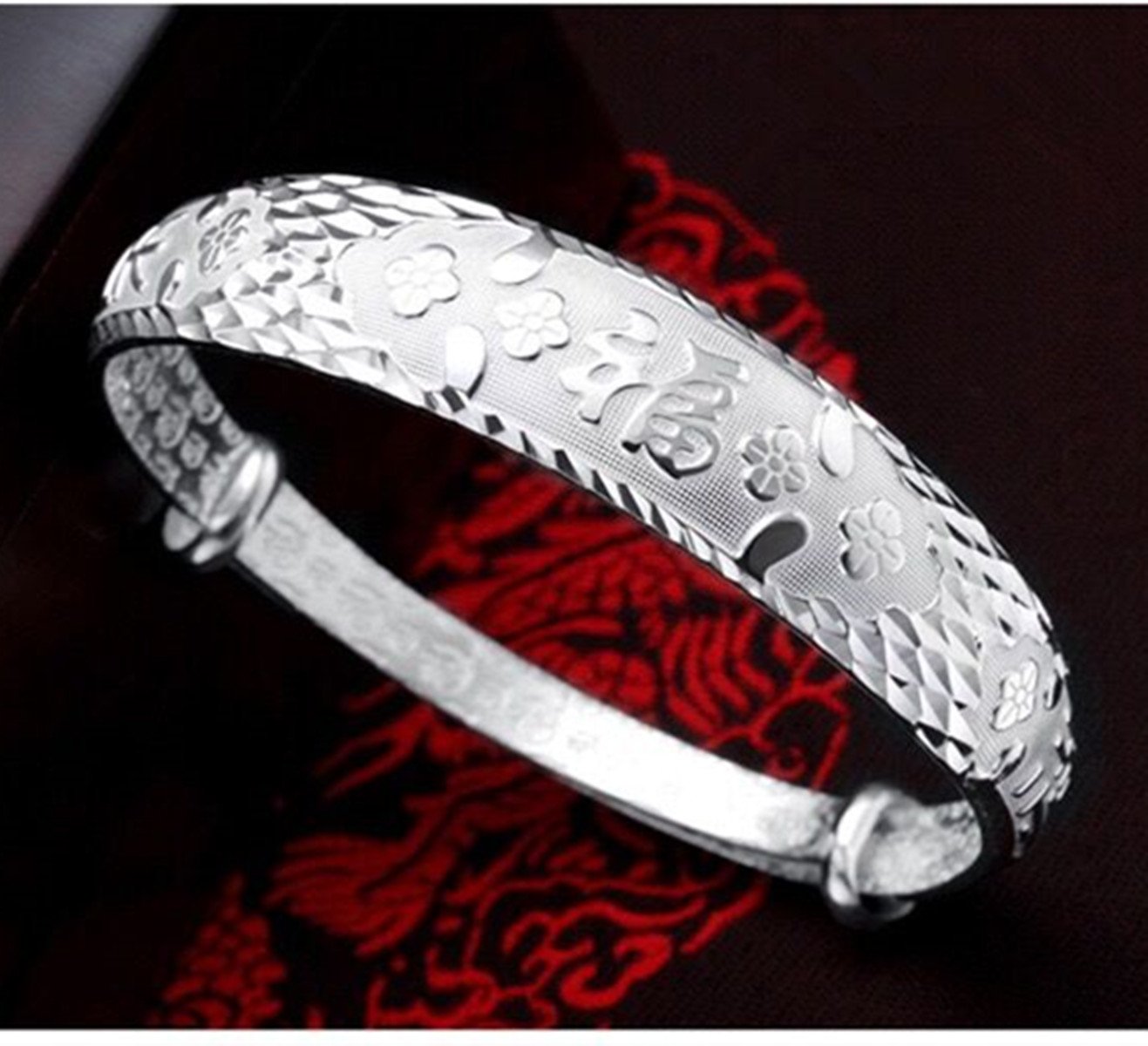 Retro 925 Sterling Silver Plated Chinese Happiness Carved Bangle Bracelet (JD5055)