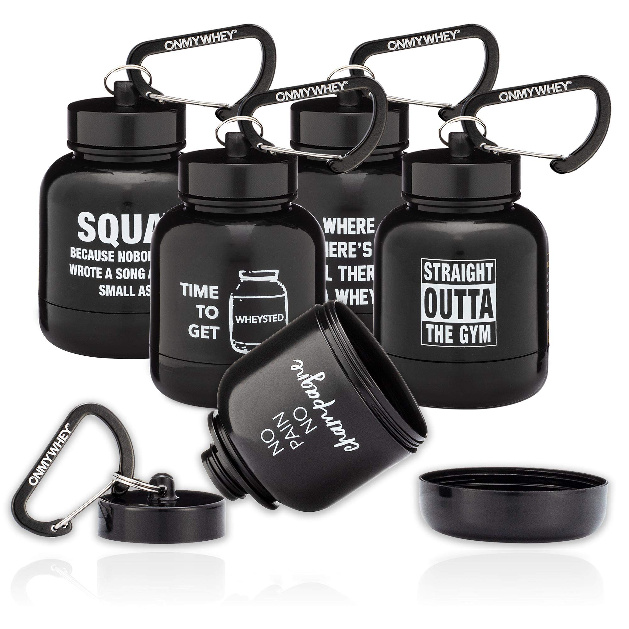OnMyWhey - Protein Powder and Supplement Funnel Keychain, Portable to-Go Container for The Gym, Workouts, Fitness, and Travel - TSA Approved, Punny Variety 5-Pack
