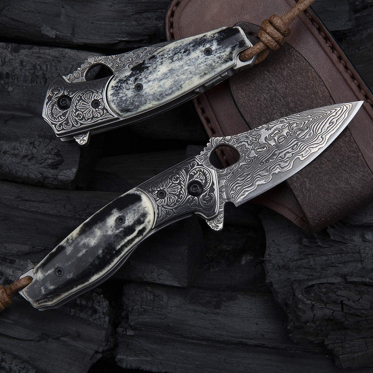 SPIRIT DEED EDC Pocket Knife for Men,2.5in Japanese Handmade VG0 Damascus Steel,Bone Handle,Liner Lock,Leather Sheath,Folding Knives for Camping and Hunting