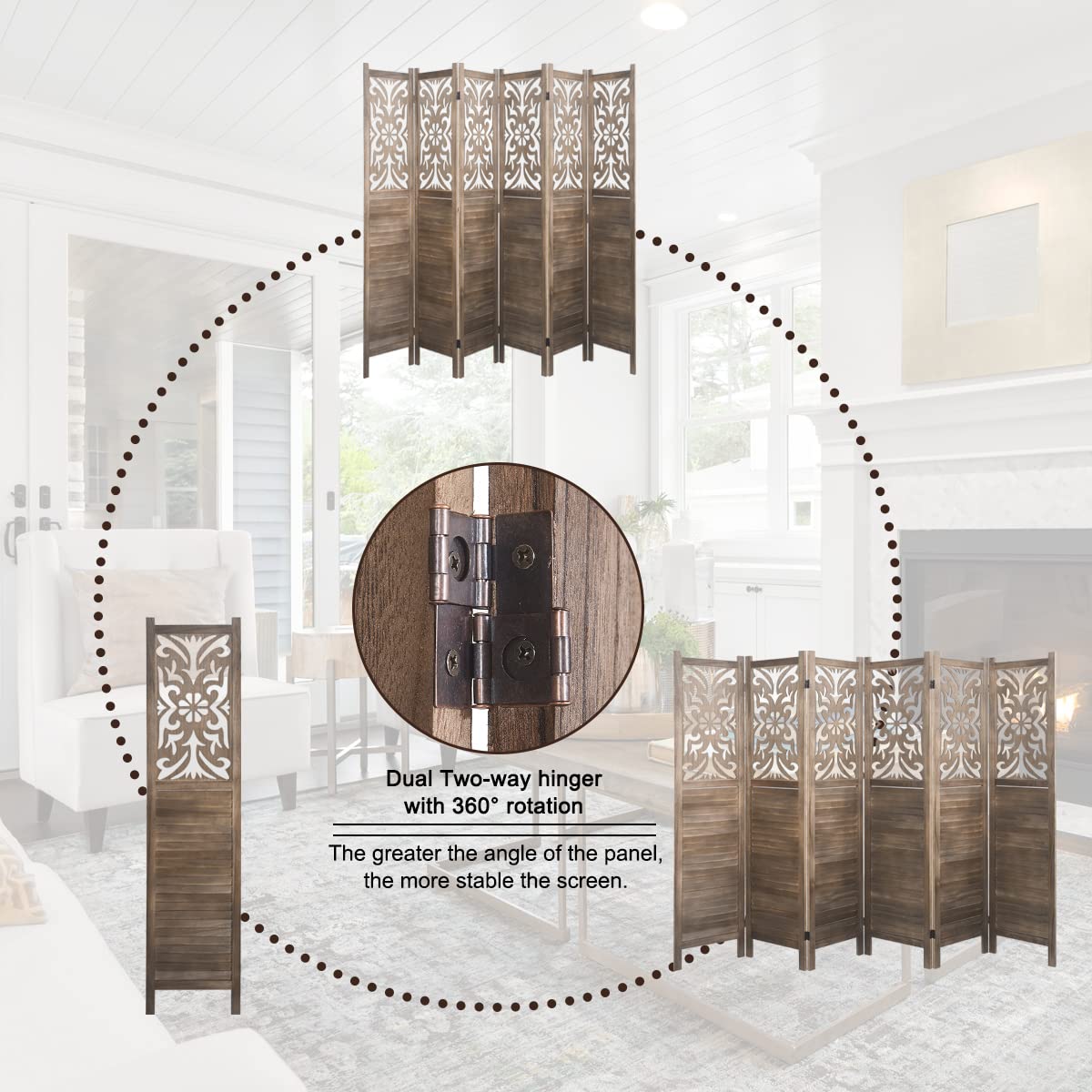 Rose Home Fashion RHF 5.6 ft. Tal Room Divider,Double Hinged, Folding Panel Screen, Floral Cut-Out Room Dividers and Folding Privacy Screens, Freestanding (6 Panel,Brown)