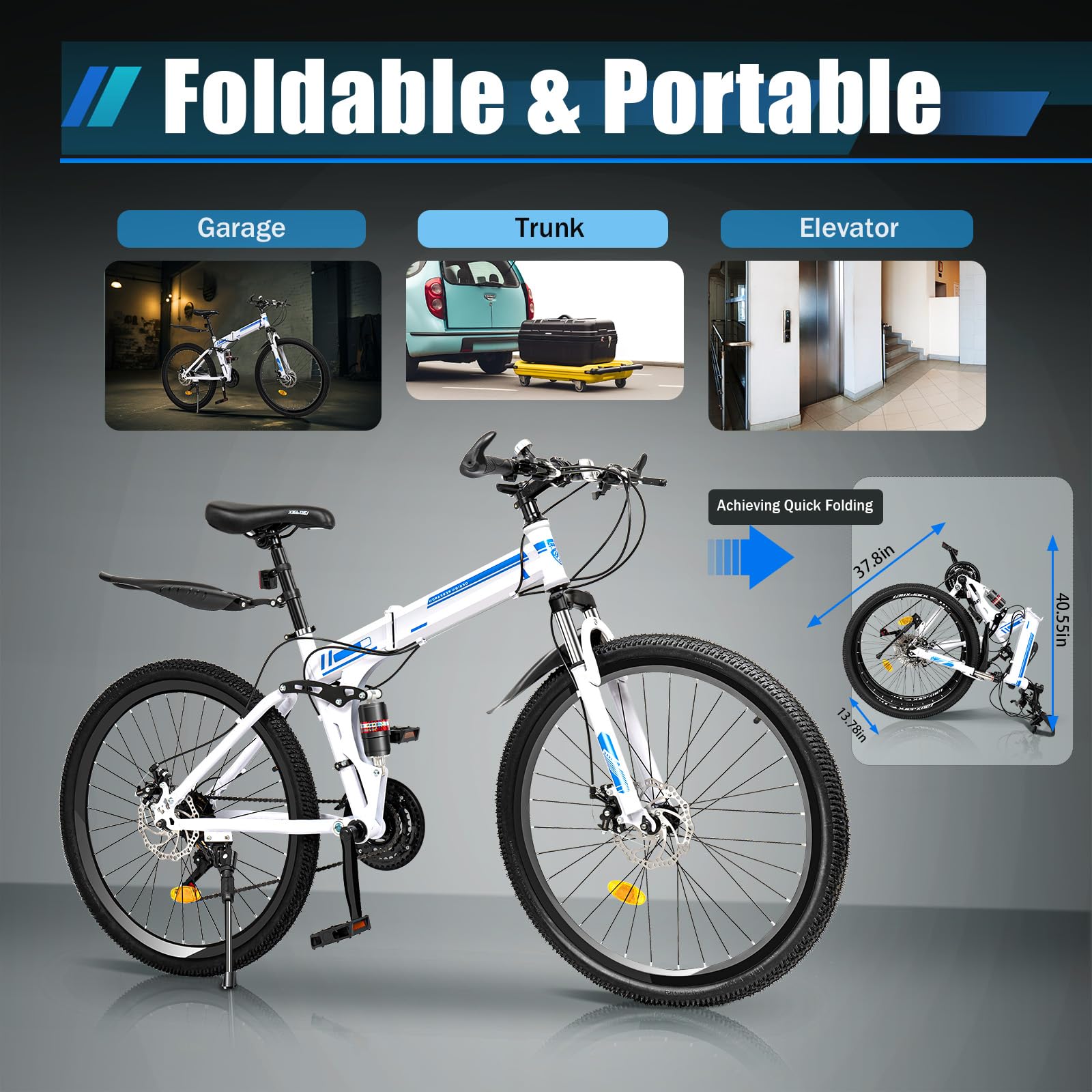 WDZCZDoo 26 Inch Foldable Mountain Bike, 21 Speed MTB Bicycle with High Carbon Steel Frame,Spring Fork,Dual-Disc Brake, for Adult,Men & Womens Bikes