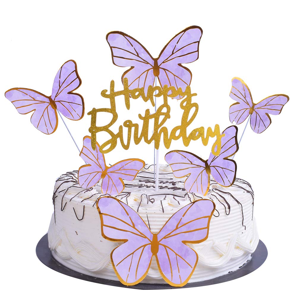 YUINYO Butterfly happy birthday Cake Topper, Happy Birthday Cake Bunting Decor,Birthday Party Decoration Supplies (Purple)