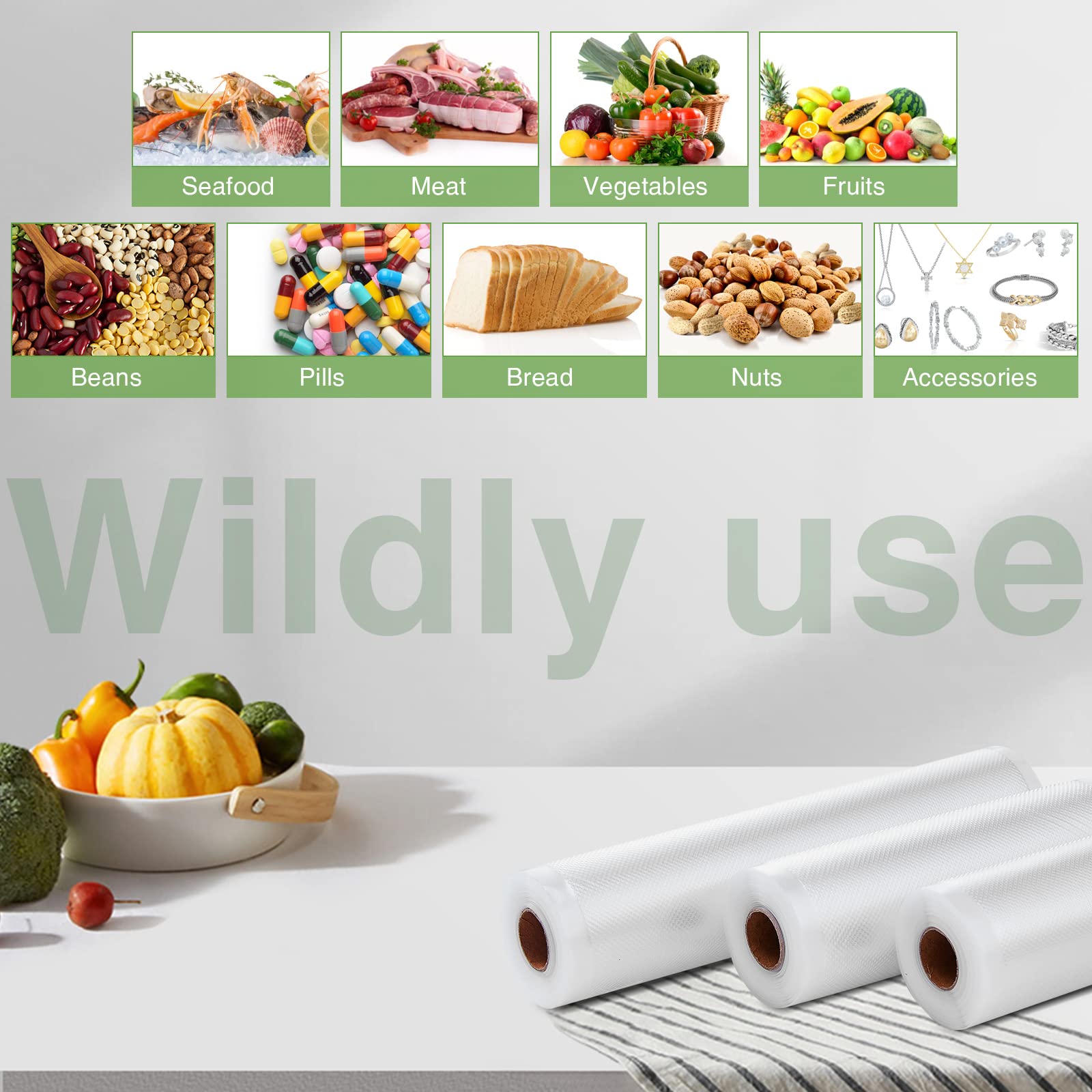 Vtuuu Vacuum Sealer Bags 3 Pack (6", 8", 11") x 25 ft Each Food-Safe Compatible with Most Vacuum Sealers