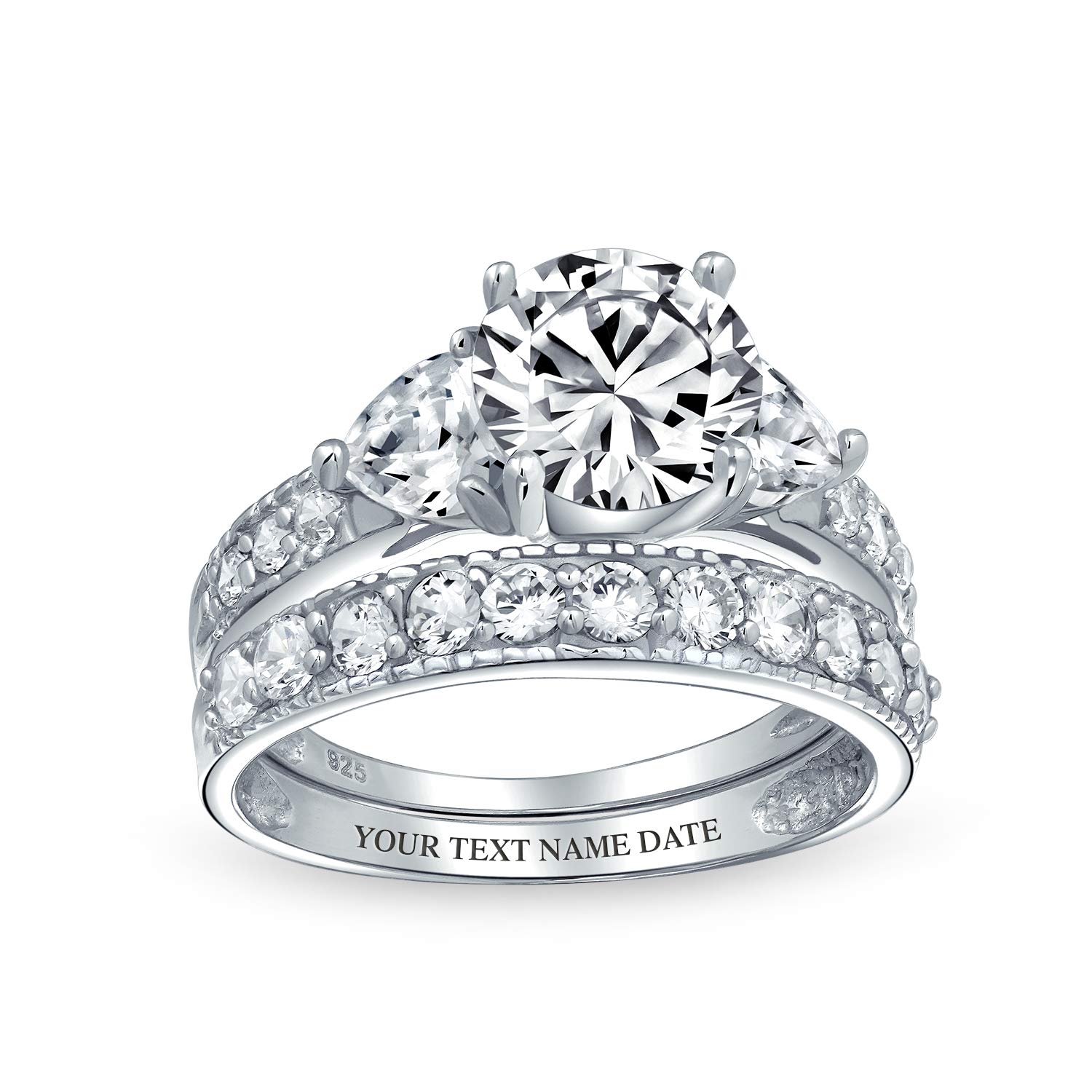 Personalized 3CT Round Solitaire Brilliant Cut Heart Shaped AAA CZ Pave Band Engagement Wedding Ring Set Custom Engraved
