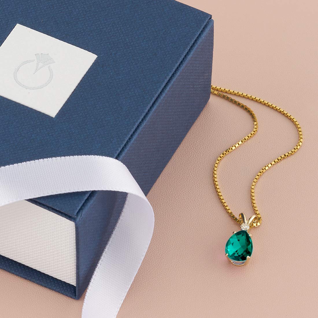 PEORA 14K Yellow Gold Created Emerald with Genuine Diamond Pendant for Women, Elegant Teardrop Solitaire, Pear Shape, 10x7mm, 1.75 Carats total
