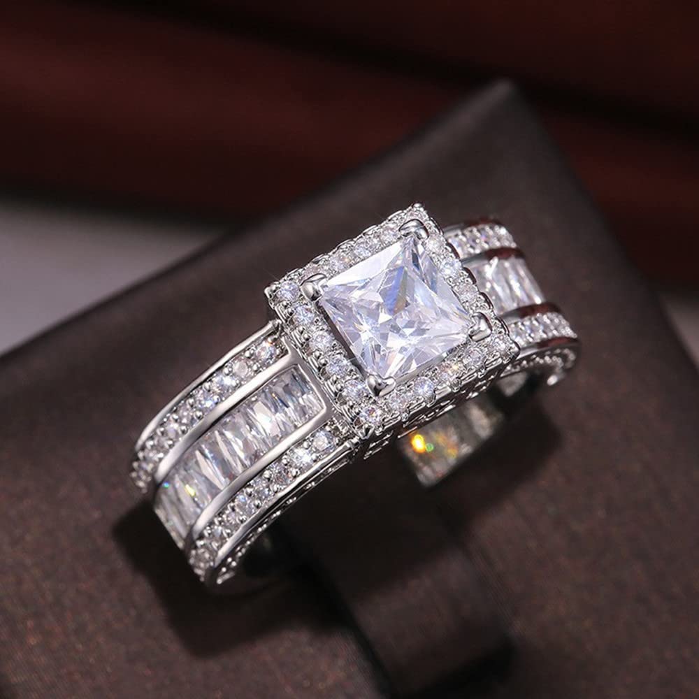 WANMEIL 14K White Gold Square Cut Pave Cubic Zirconia Stone Accent Promise Bridal Engagement Wedding Anniversary Band Ring (8)