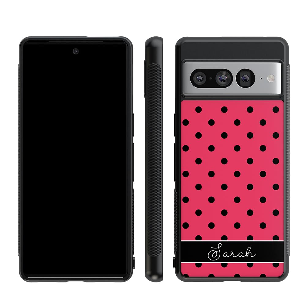 Pinkish Red and Black Polka Dot Personalized Black Rubber Phone Case Compatible With Google Pixel 8 Pro, 8a, 8, 7a, 7, Pixel 7 Pro, 6a, Pixel 6 Pro, 6, 5, 4a 5G, 4a 4G, 4, 4 XL, 3a, 3a XL, 3, 3 XL