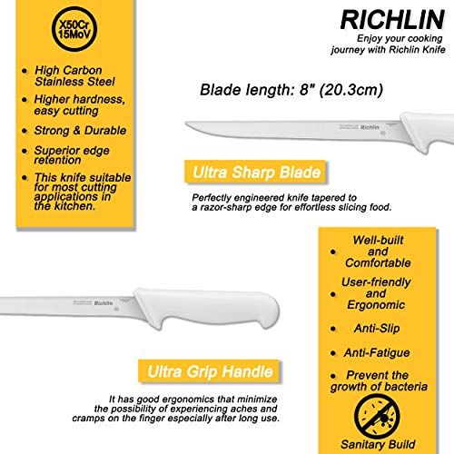 Richlin Boning Knife,8-Inch Chef's Knife with Razor Sharp High Carbon Stainless Steel for Meat and Poultry(8ā Narrow Boning Knife,White)