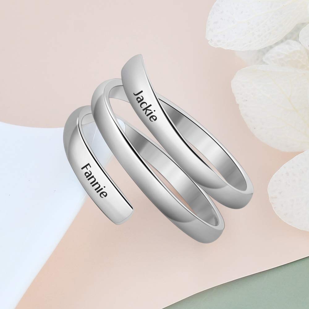 Personalized BFF Wrap Rings Free Engraving 2 Name Rings for Women Adjustable Couple Rings Promise Rings (silver)