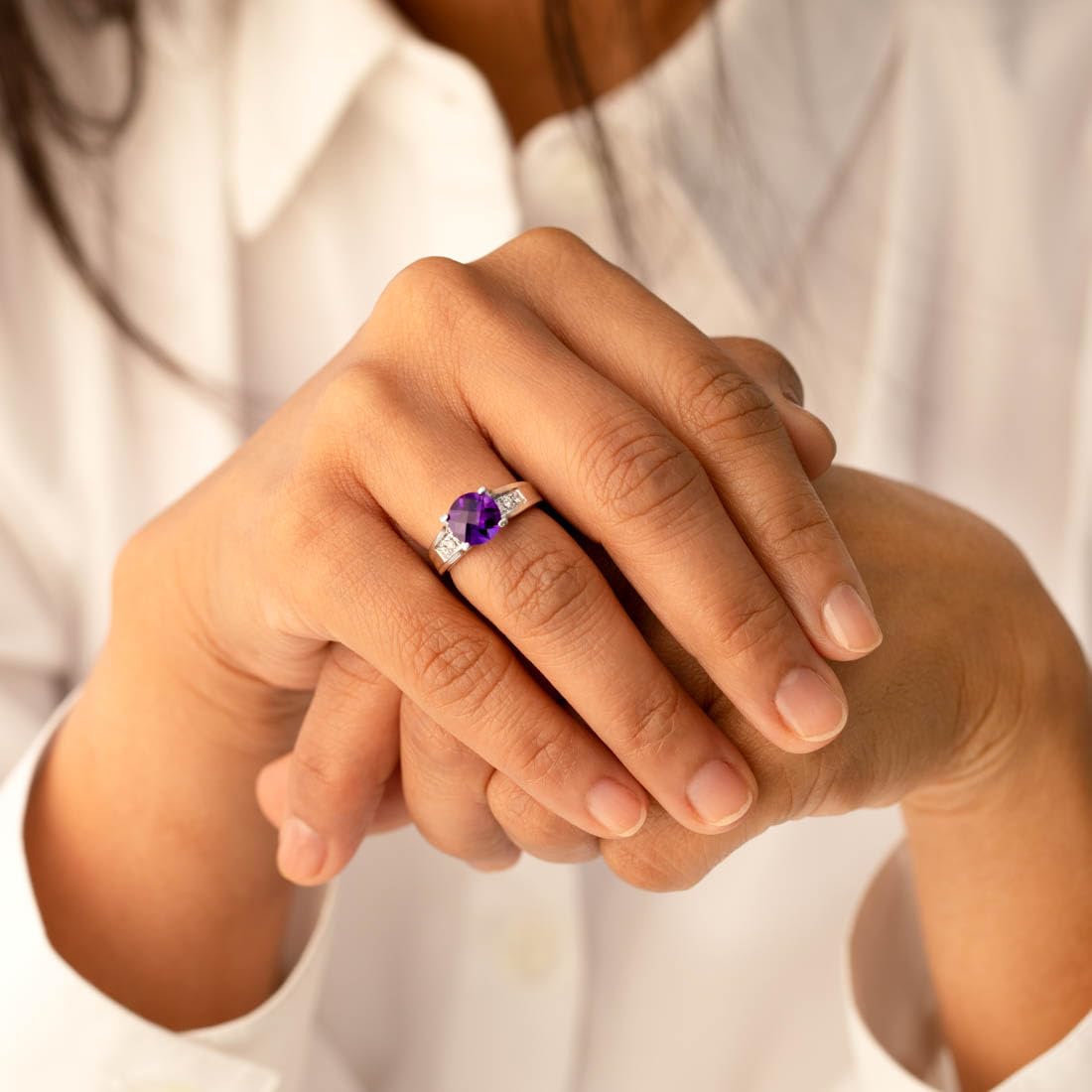 PEORA Amethyst and Diamond Cathedral Ring for Women 14K White Gold, Natural Gemstone Birthstone, 1.75 Carats Round Shape 8mm, Size 7