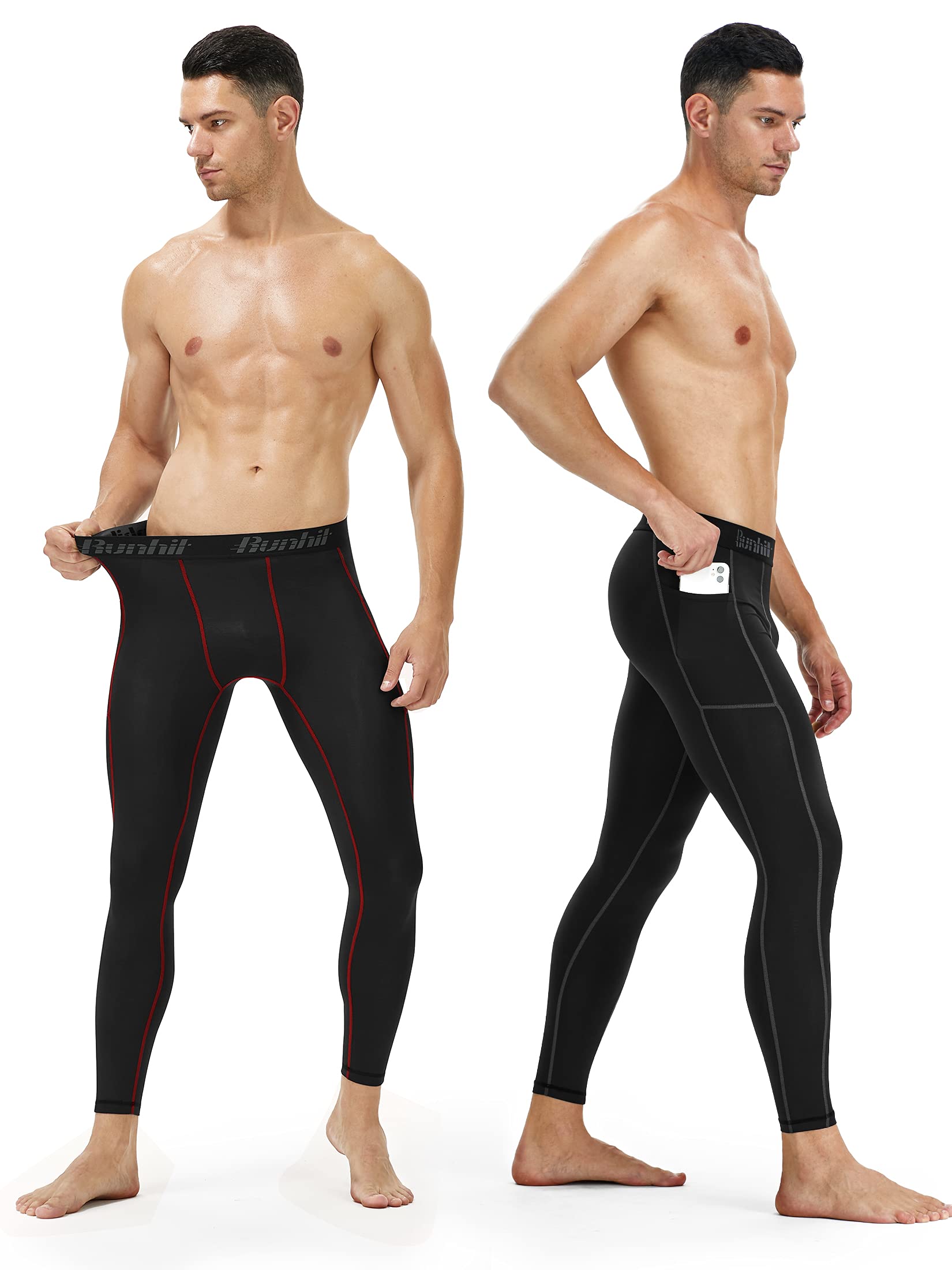 Runhit Mens Compression Pants Running Tight for Men Leggings with Pocket Workout Athletic Thermal Pants for Men Running Shorts Black Red 2 Pack Large