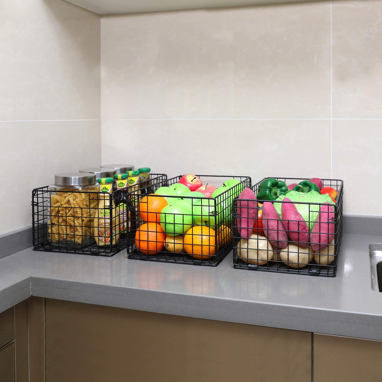 X-cosrack Foldable Cabinet Wall Mount Metal Wire Basket Organizer Pantry Basket with Handles - 3 Pack -16" x 9 1/2" X 6", Food Storage Mesh Bin for Kitchen Bathroom Laundry Closet Garage Patent Design