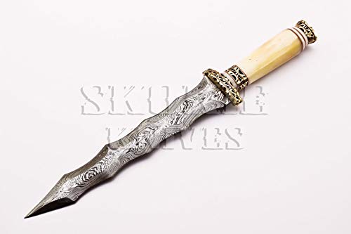Skokie Knives HAND MADE DAMASCUS STEEL HUNTING DAGGER KNIFE WAVY BLADE WITH ORIGINAL CAMEL BONE