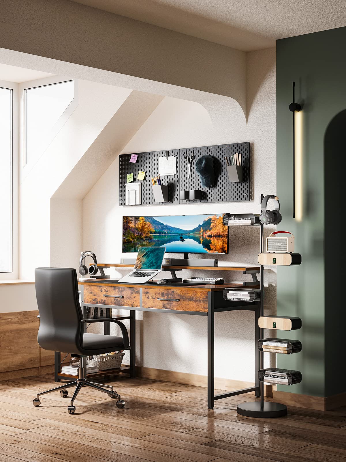 ODK Computer Desk with Drawers, 40 Inch Office Desk with Storage & Shelves, Work Writing Desk with Monitor Stand Shelf, Black Home Office Desks for Small Spaces