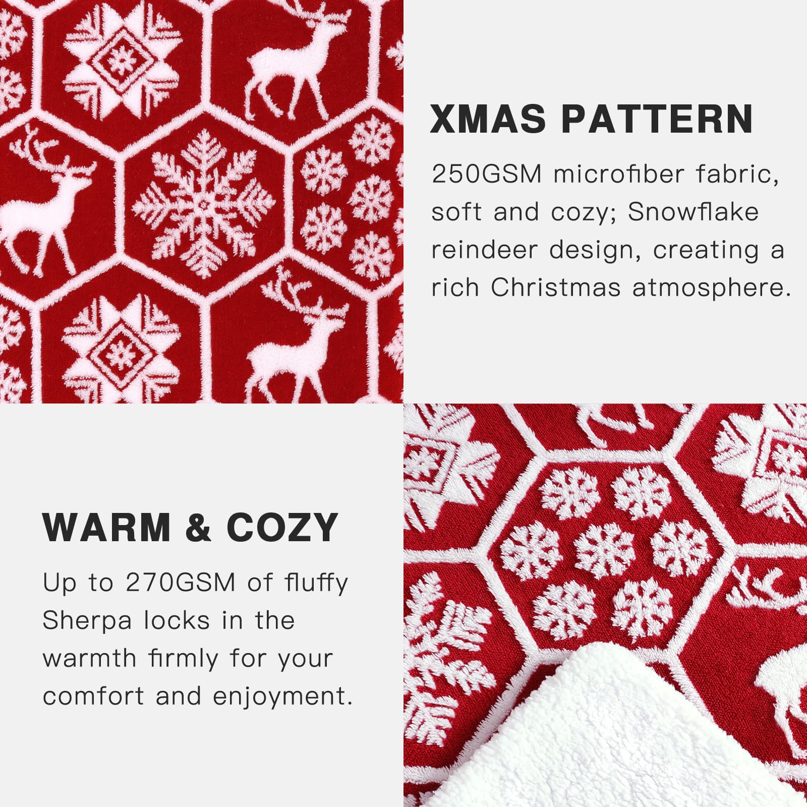 PanxHome Sherpa Blanket, Warm Thick Blanket for Winter, Reversible Soft Snowflake Blanket, Cozy Christmas Throw Blanket for Couch, Sofa, Bed, 50"x60", 520GSM