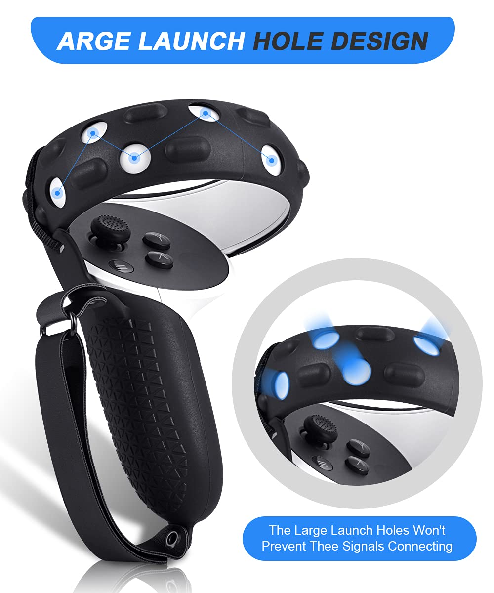 Raylove Silicone Touch Controller Grip Cover for Oculus Quest 2,Anti-Throw Handle Protective Sleeve Oculus Quest 2 Controller Grips Accessories with Nylon Adjustable Wrist Knuckle Strap(Black, 1 Pair)