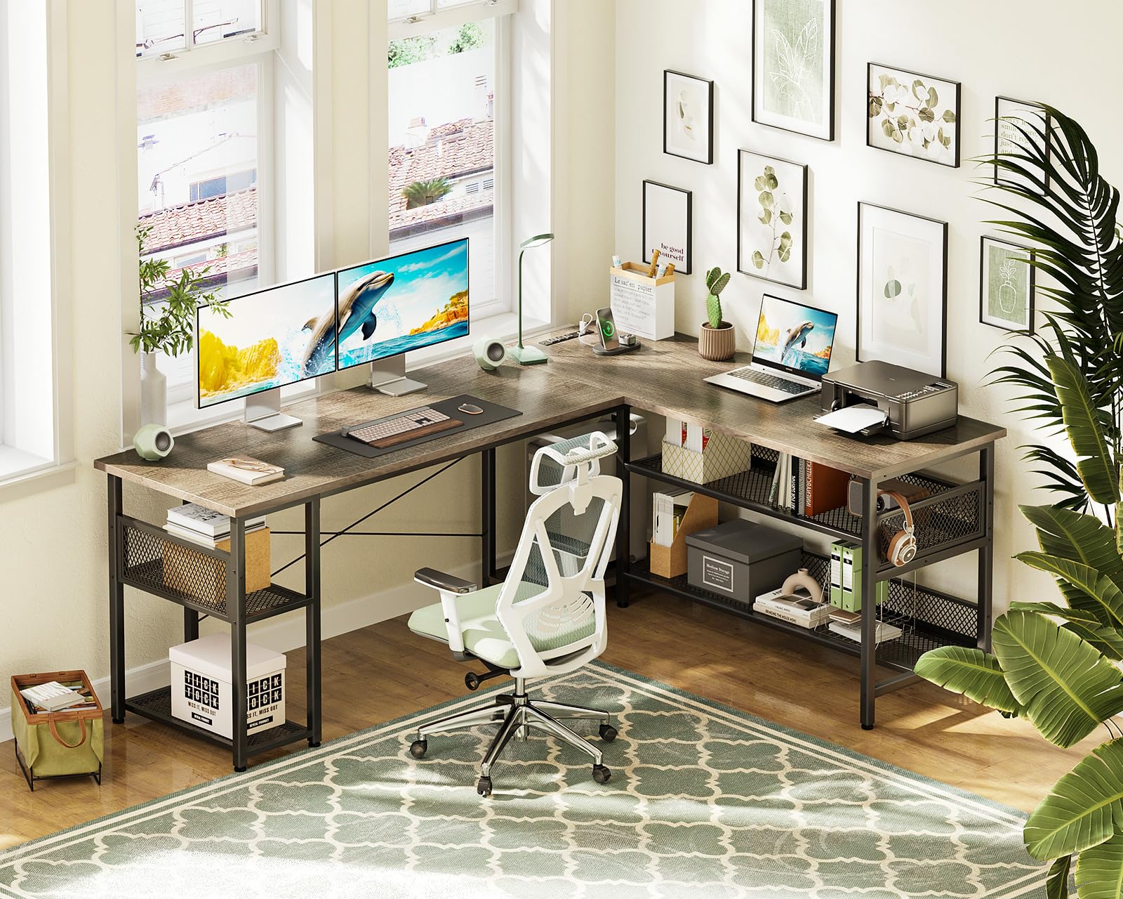 ODK 66" L Shaped Desk with Power Outlet and USB Charging Ports, Reversible L Shaped Computer Desk with Storage Shelves, Home Office Desk, Gaming Desk, Corner Desk, Grey Oak