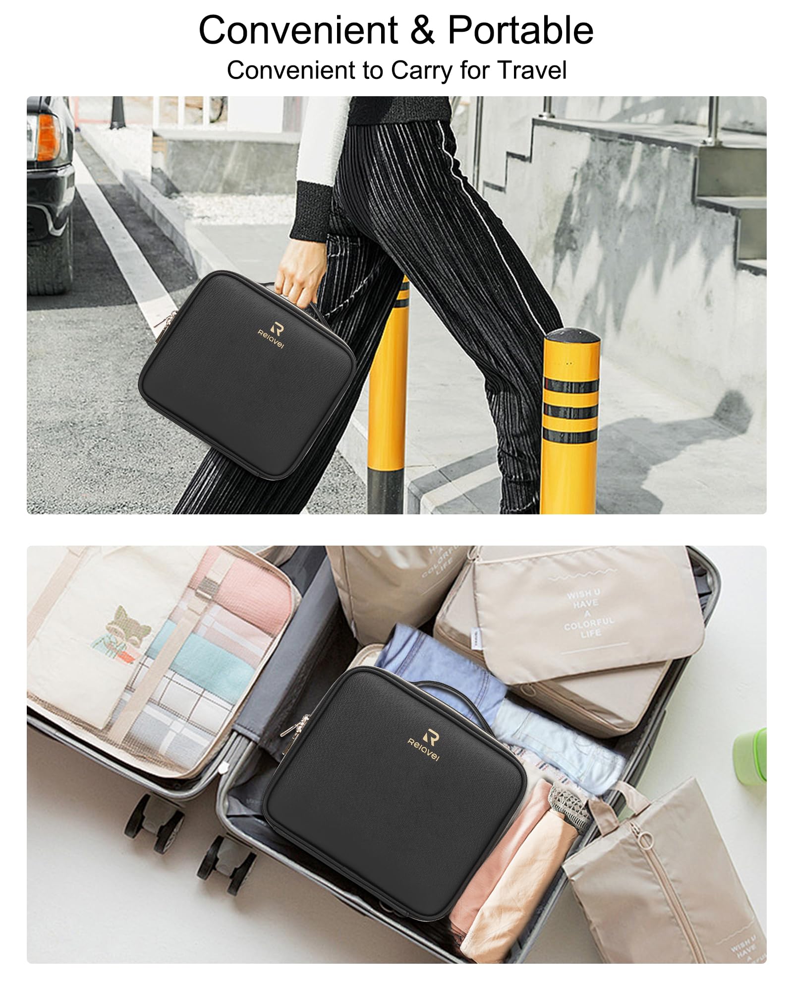 Relavel Makeup Organizer Bag, Makeup Case Leather Travel Makeup Bag 2 Layers Train Case Large Cosmetic Case Portable with Adjustable Dividers Makeup Brushes Holder Storage Box (Small Black)