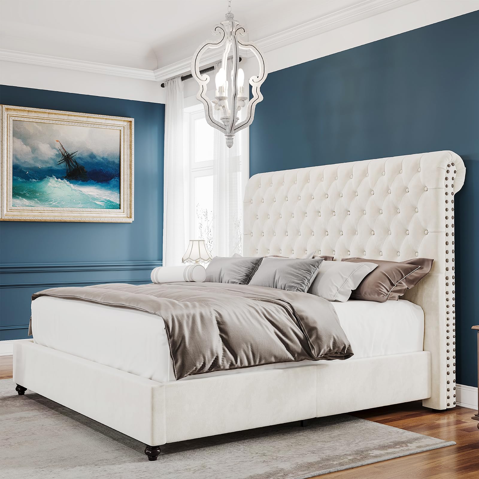 PaPaJet Bed Frame Queen Size Upholstered Platform Bed with 52.8'' Tall Sleigh Headboard, Button Tufted, No Box Spring Needed, Easy Assembly, Cream