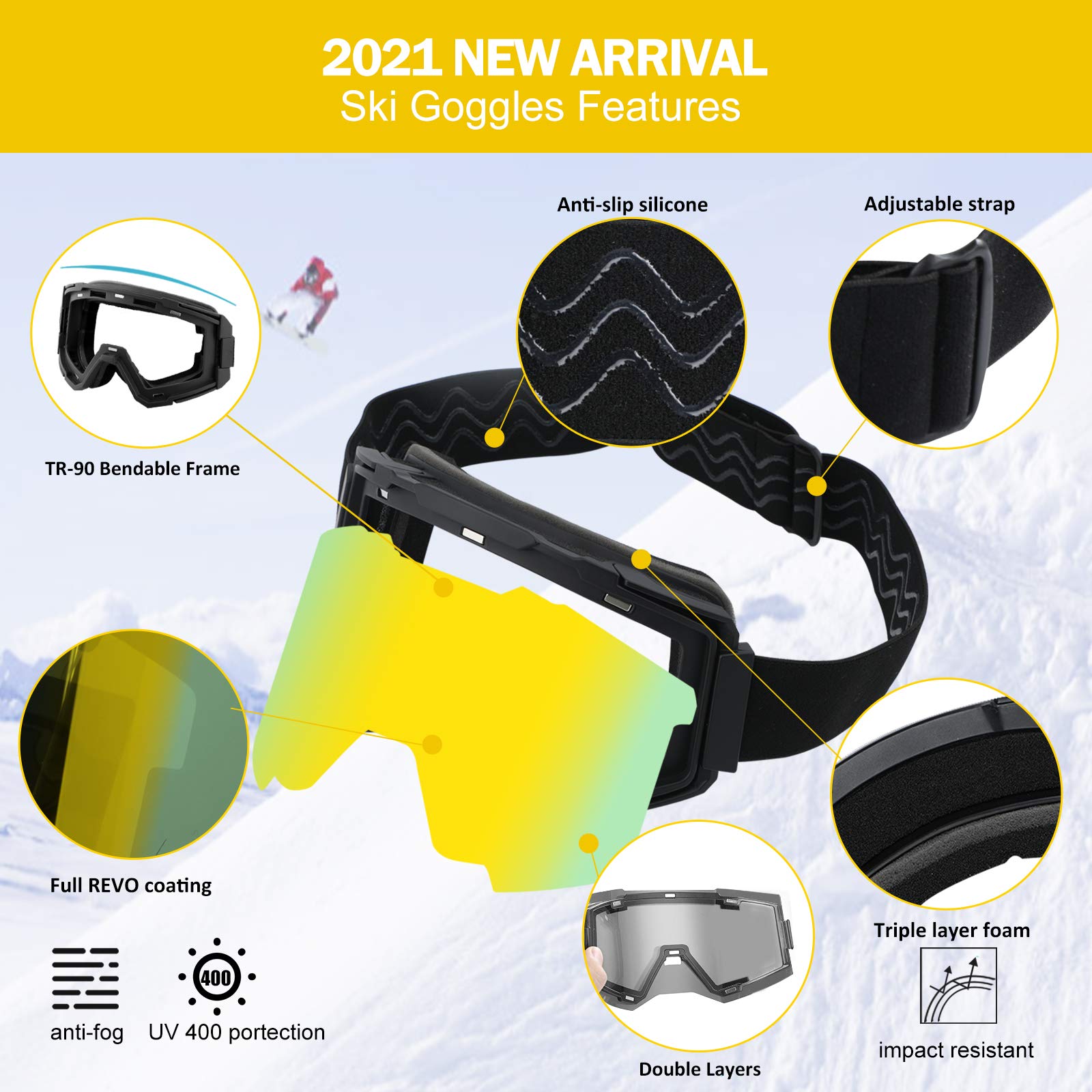 RAYMEA Ski Goggles Anti Fog Clear View Snow Goggles with Interchangeable Lens snowmobile goggles Men & Women