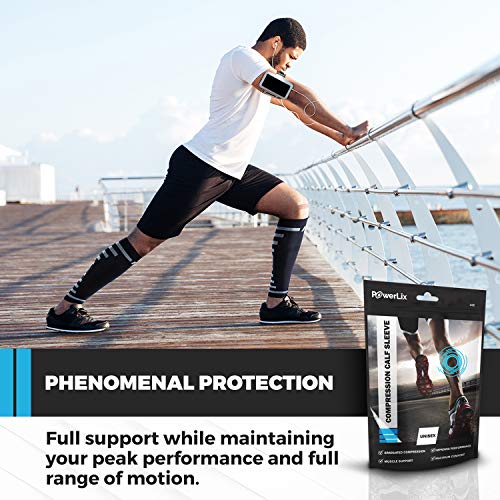 POWERLIX Calf Compression Sleeve (Pair) – Supreme Calf Cramp & Shin Splint Sleeves for Men & Women – Leg Compression Socks 20-30 mmHg – Great for Pain Relief, Running, Work, Travel, Sports & More