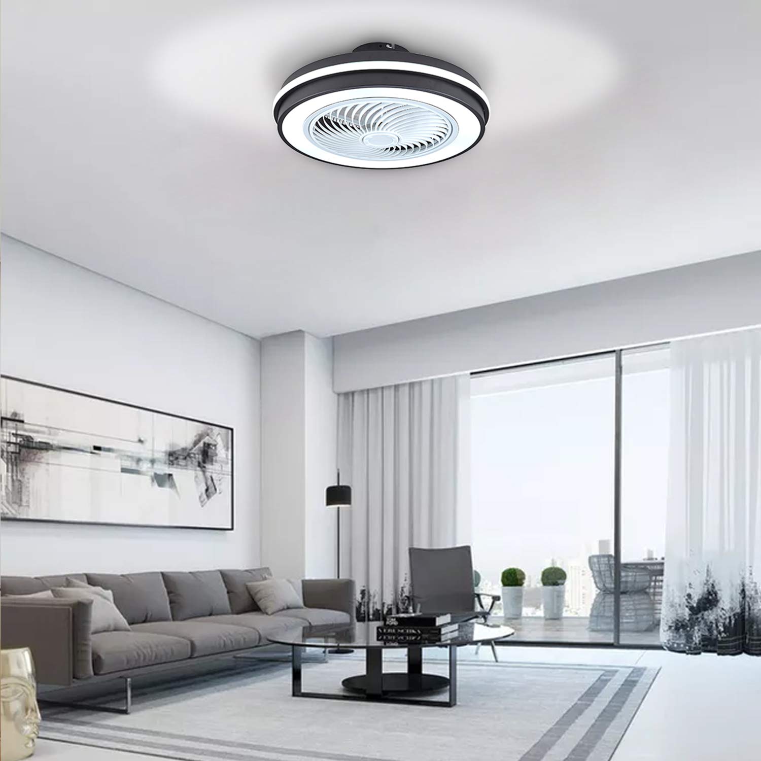 SHENGQINGTOP Modern LED Enclosed Ceiling Fan with Lights Remote Control 40W 20 Inches Round Flush Mount Low Profile Ceiling Fan, 7 Blades, 3 Color changeable, 3 Speed, Timing, Black