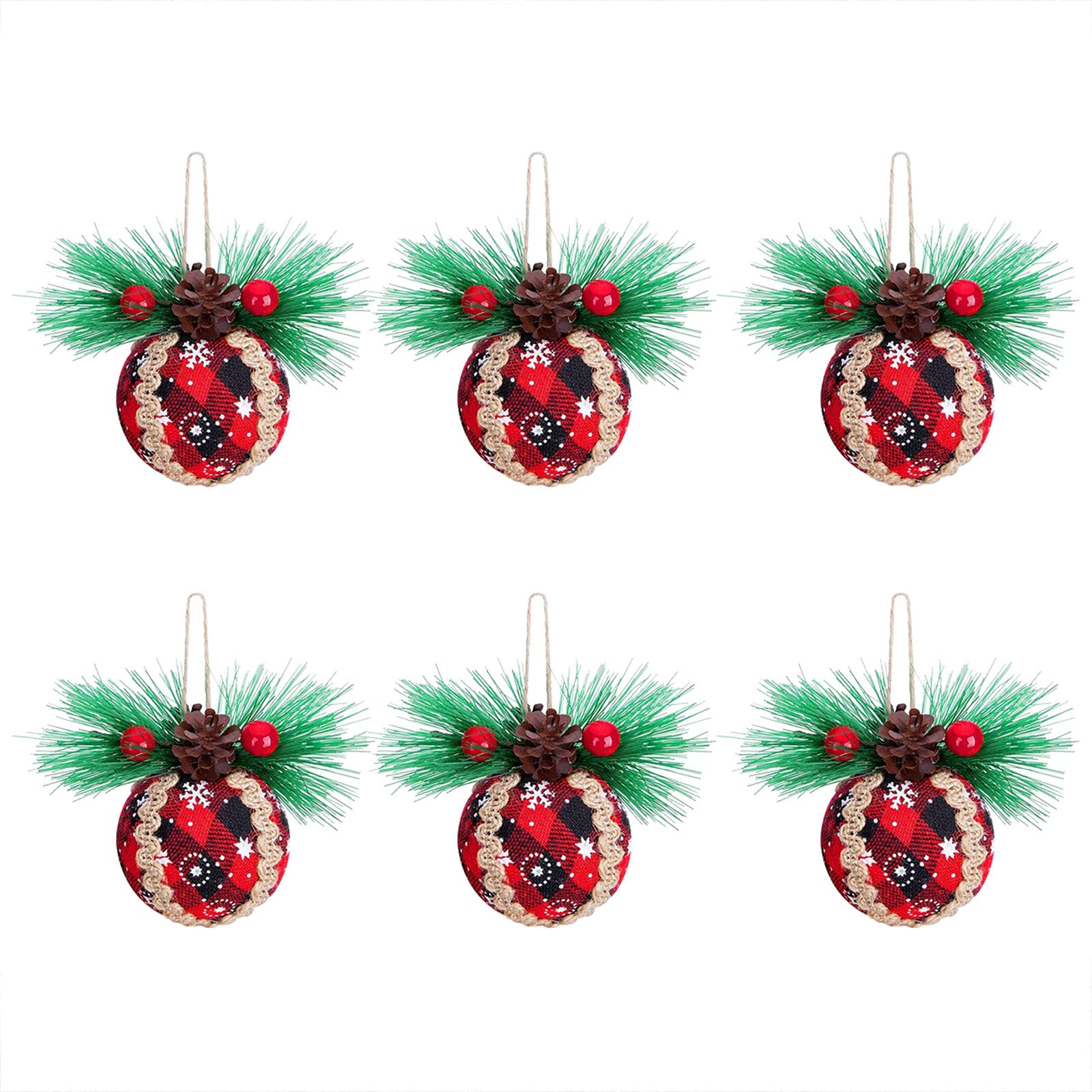 Shatterproof Christmas Ball Ornaments with Pinecones & Greenery 6pcs Buffalo Plaid Ball Ornaments Aousthop Black Red Burlap Foam Ball Hanging Decorations for Xmas Tree Ne Miniature (Red, One Size)
