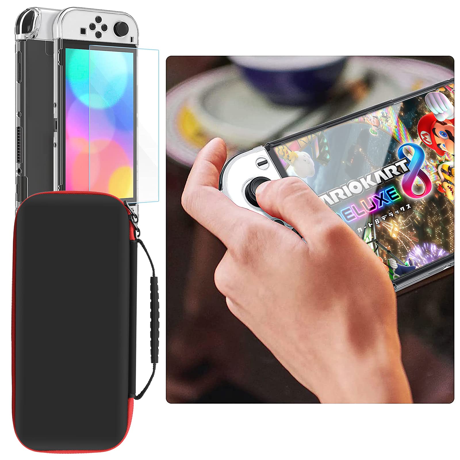 Switch OLED Accessories Bundle Kit - Transparent Case Cover, Screen Protector, Carrying Case Bag, Adjustable Stand, Game Card Case, Joycon Charging Dock for Nintendo Switch OLED Model (2021)