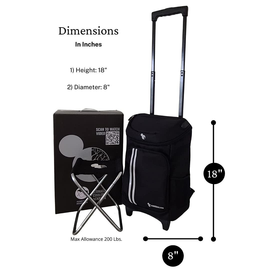 Parks Bag - Leak-Proof Soft Sided Insulated Trolly Cooler Backpack with Wheels, USB Port and Bonus Foldable Stool. 32 Can Capacity for Picnics, Camping, Hiking, Beach and The Outdoors.