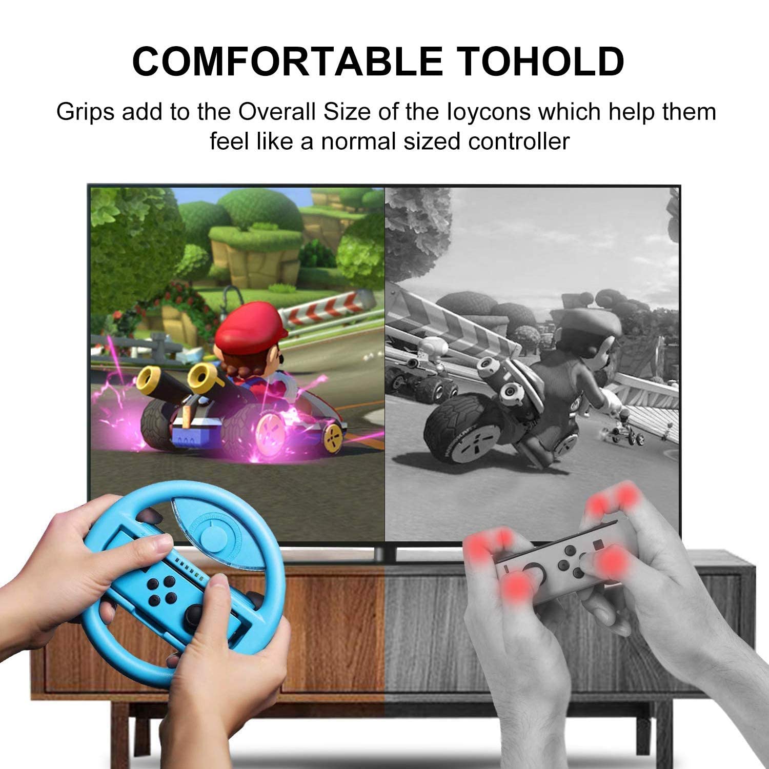 Switch Steering Wheel Grips for Switch Controller & Joycon Hand Grips 4 Pack for Mario Kart 8 Deluxe,Accessories Racing Wheel Kit Grips(Blue &Red)