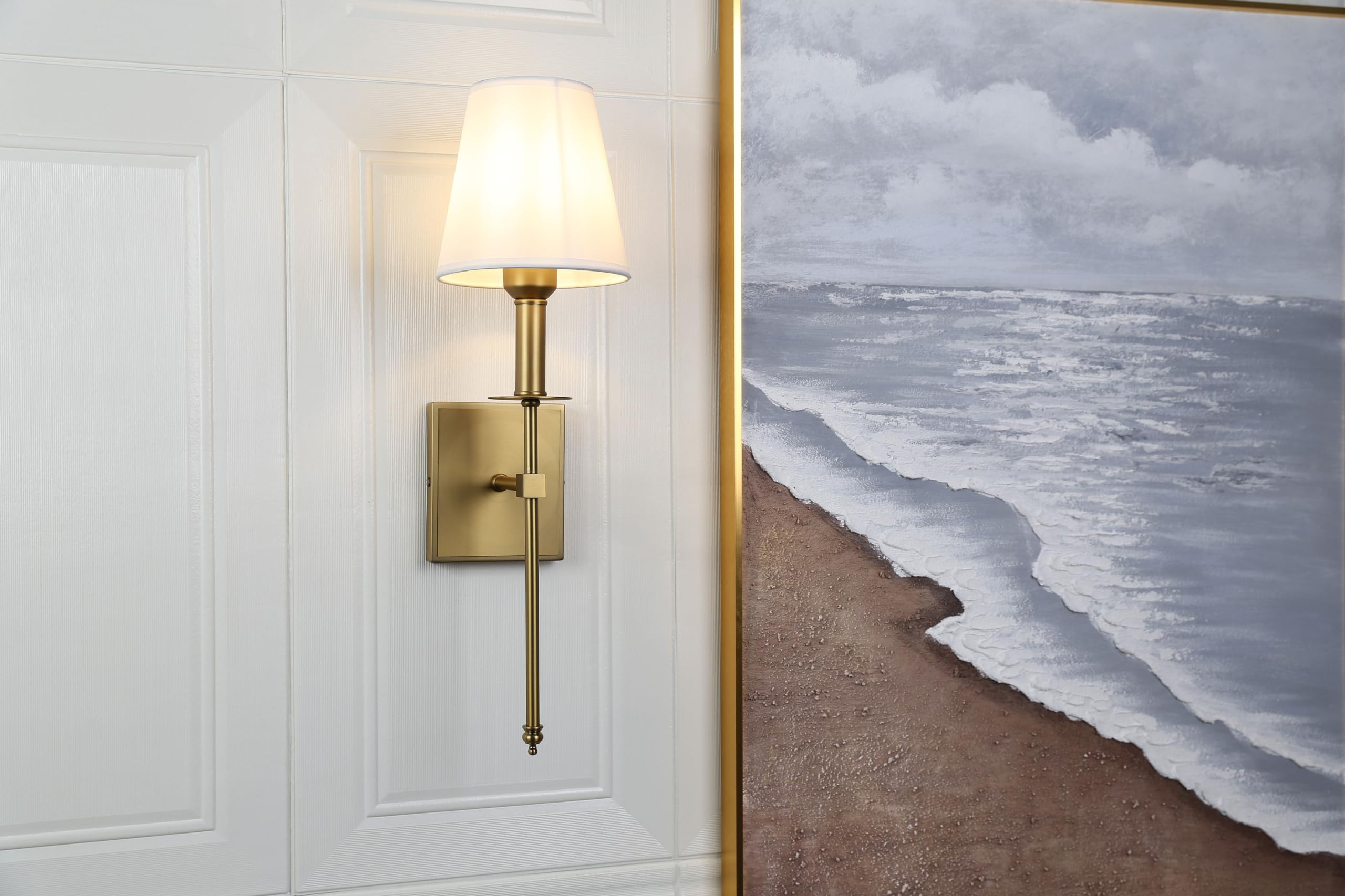 PERMO Set of 2 Classic Rustic Industrial Wall Sconce Lighting Fixture with Flared White Textile Lamp Shade and Antique Brass Tapered Column Stand