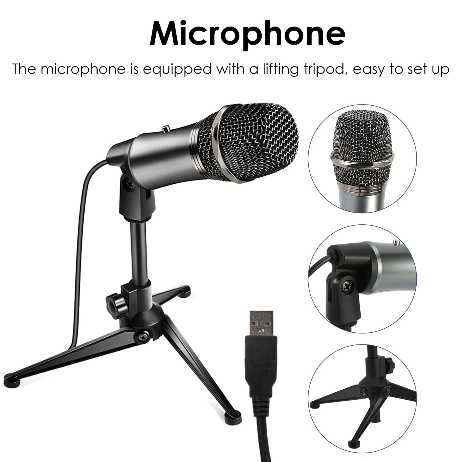 SOONHUA USB Microphone for Laptop, PC, TikTok, YouTube, Skype - Omnidirectional Condenser Mic with Tripod Stand, 90 Adjustable, Cardioid Pattern, Solid Metal Construction