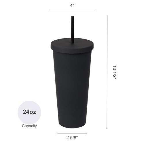 Zephyr Canyon 24oz Matte Black Tumblers with Lids and Straws - Pastel Double Wall Tumbler - Insulated Acrylic Cups for Hot & Cold Drinks, Spill-Proof Reusable Iced Coffee Cup, Set of 4