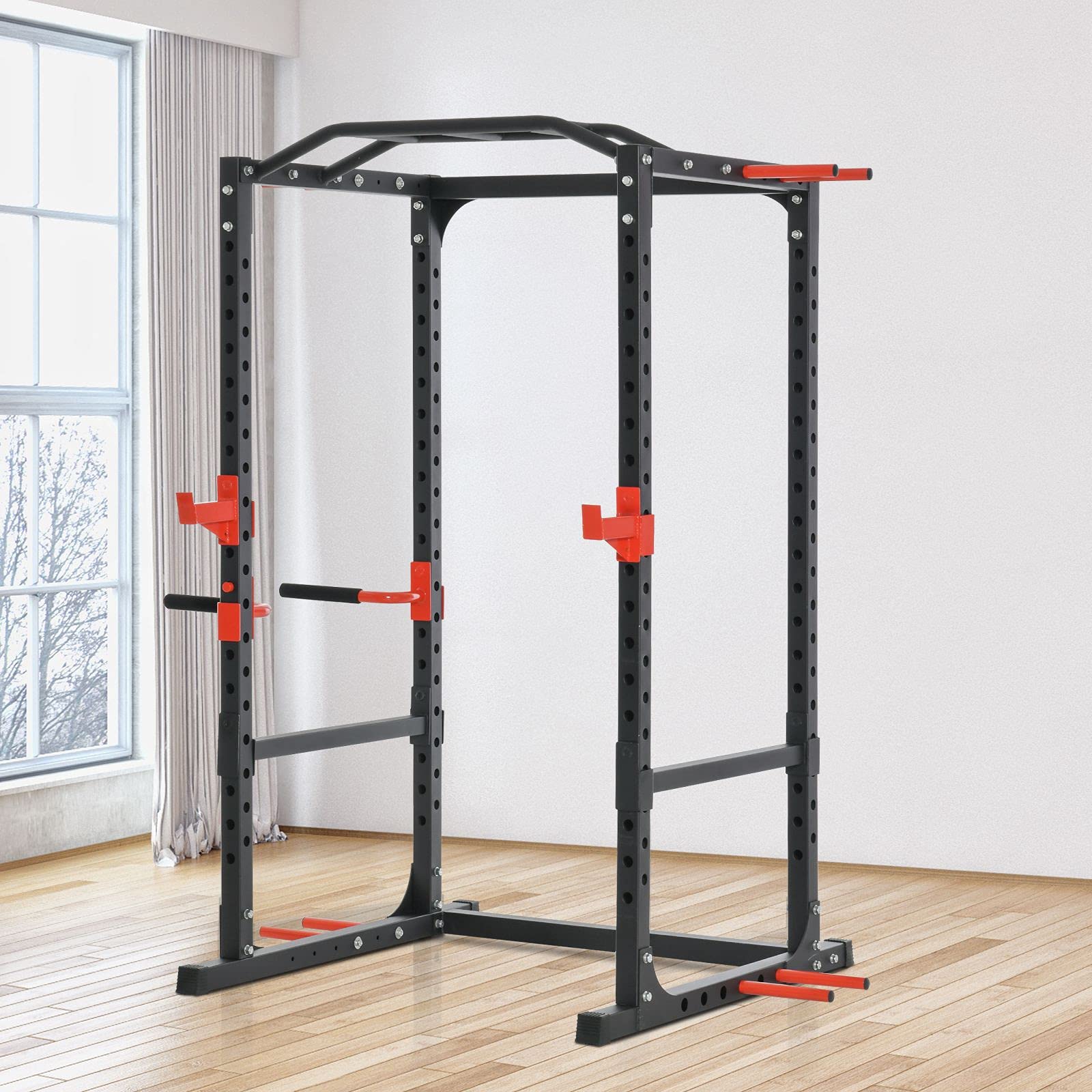 Soozier Adjustable Power Tower Dip Station Pull Up Bar Squat Rack Power Cage At Home Workout Equipment, Upper Body Strength Training Equipment