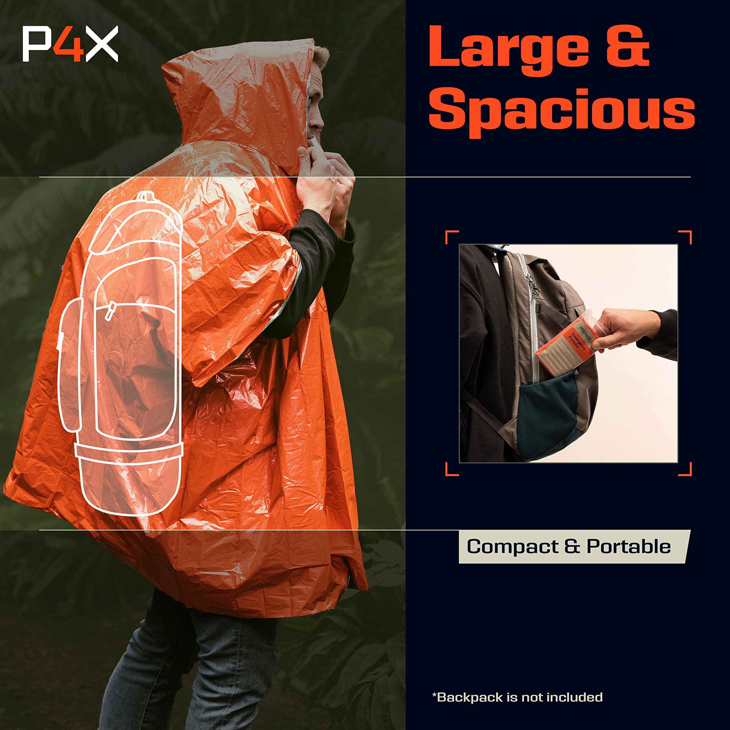 PREPARED4X Emergency Rain Poncho with Mylar Survival Blanket Liner for Car - Heavy Duty, Waterproof Camping Gear, Tactical Prepper Suppliesā 4 Pack (Orange)