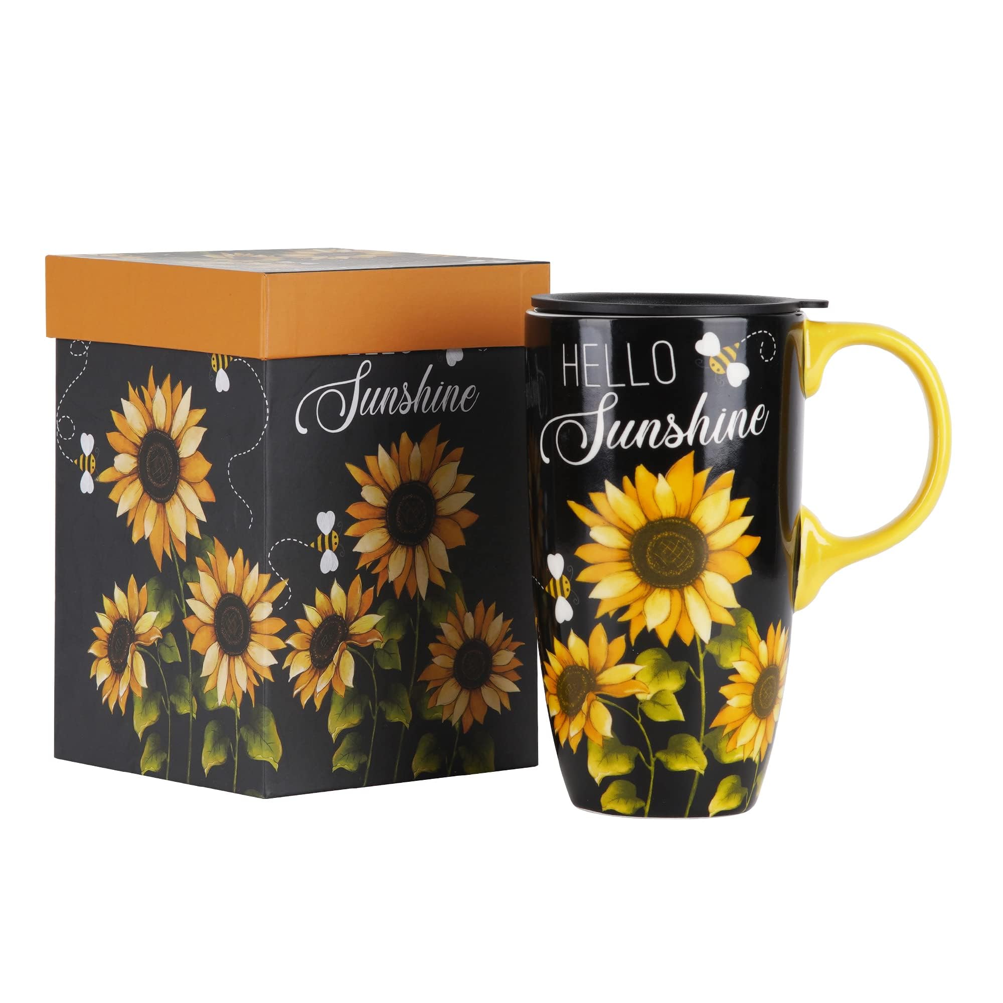 Topadorn Ceramic Coffee Mug Gift for Home & Office, 17oz. Porcelain Latte Travel Cup with Lid and Color Box, Sunflower Art Tea Mug with Handle, 6.5" H